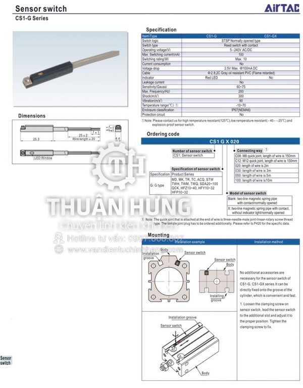 Cảm Biến Hành Trình Xilanh AIRTAC CS1-G Gắn Trên Thân Xi Lanh