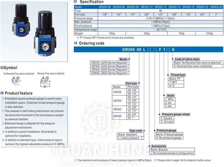 Van Điều Áp Khí Nén AIRTAC GR200-08 (Ren 13) - Khí Nén Thuận Hưng