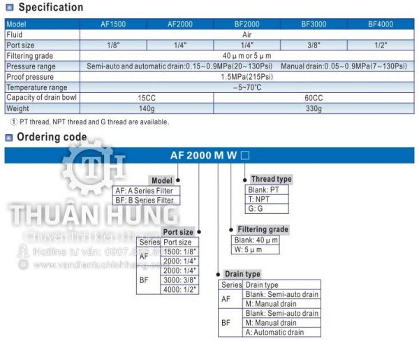 Bộ lọc khí nén Airtac AF2000 | bộ tách nước máy nén khí ren 13