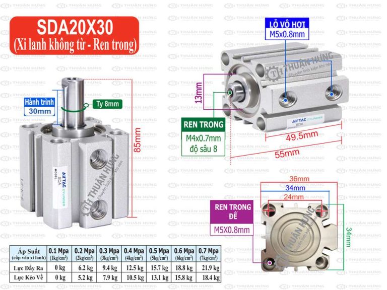Xi Lanh Compact Airtac SDA20X30, SDA20X30B (Loại Không Từ)